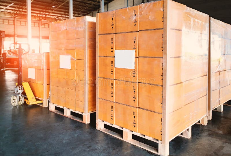 Package Boxes Wrapped Plastic Stacked on Pallets. Storage Warehouse ...
