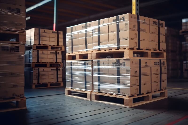 Package Boxes Wrapped Plastic Stacked on Pallets in Storage Warehouse ...