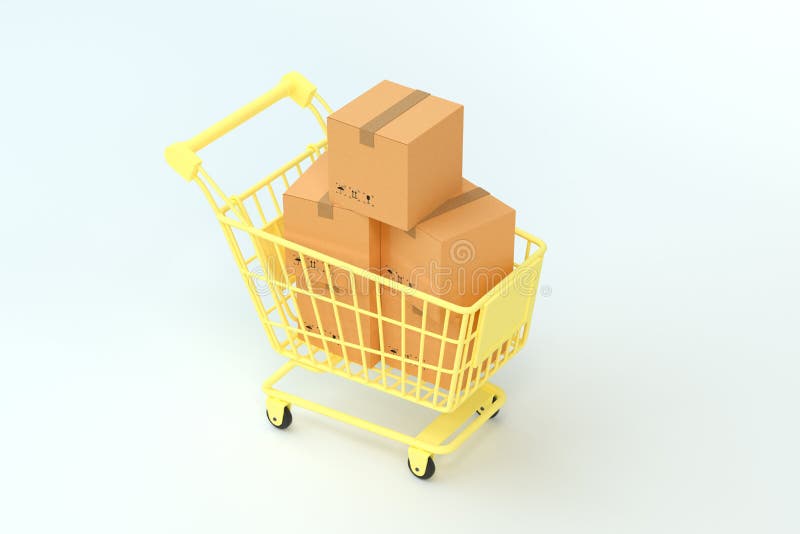 Package Boxes and Yellow Shopping Cart, 3d Rendering Stock Illustration ...