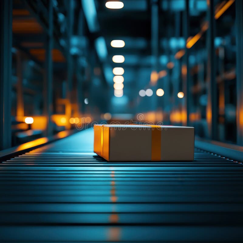 Package on Conveyor Belt in Industrial Warehouse with Soft Lighting ...