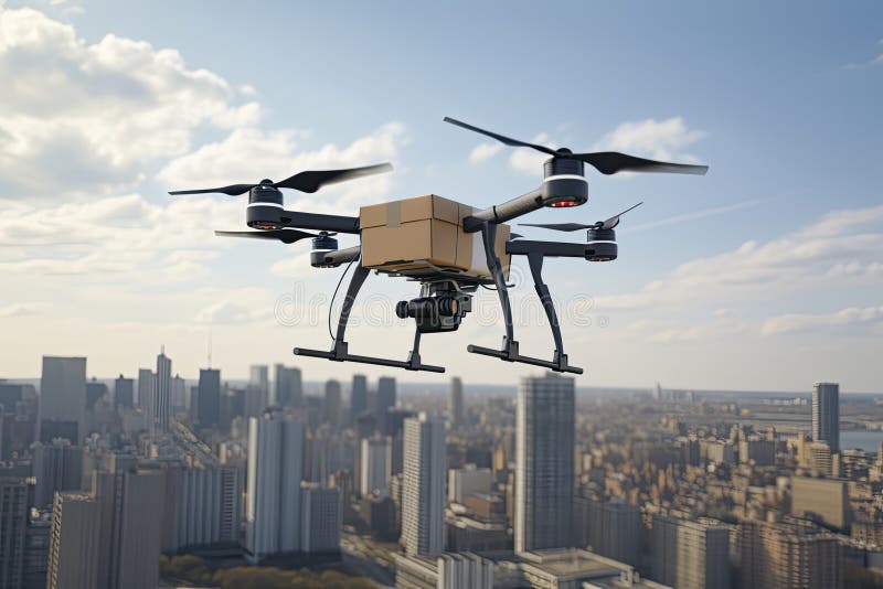 Package Delivery by Drone stock illustration. Illustration of sunset ...