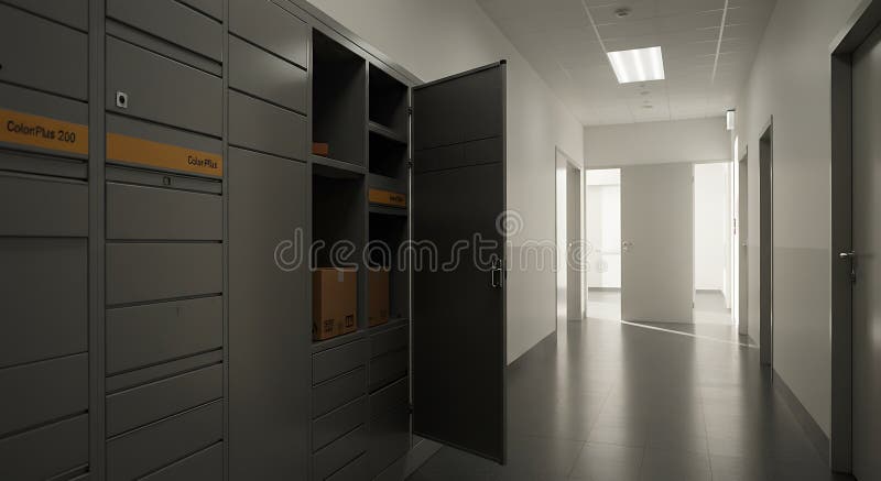 Package Delivery System with Open Locker in Modern Hallway Setting ...
