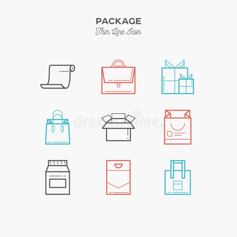 Package, Gift, Box, Thin Line Color Icons Set, Illustrati Stock ...