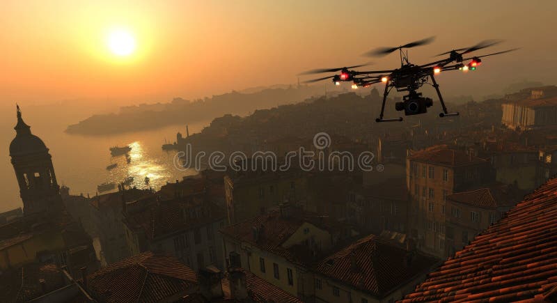 A Package with Glowing Lights is Being Delivered by a Drone Flying Over ...