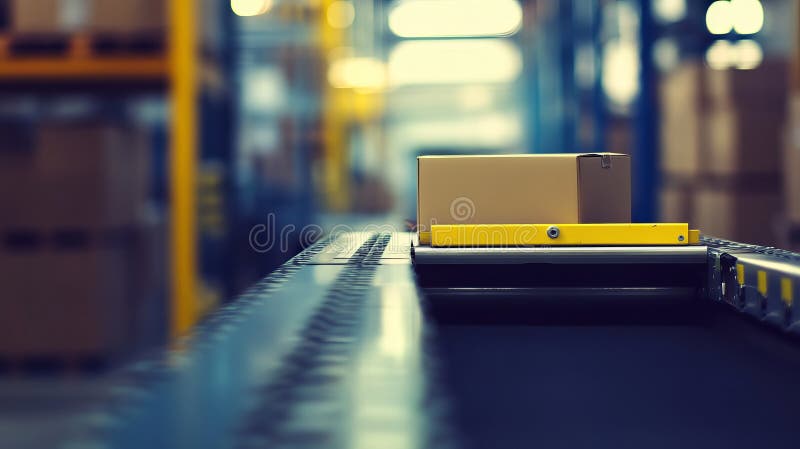 Package Moving Along Conveyor Belt Inside Modern Warehouse with Blurred Background Stock ...