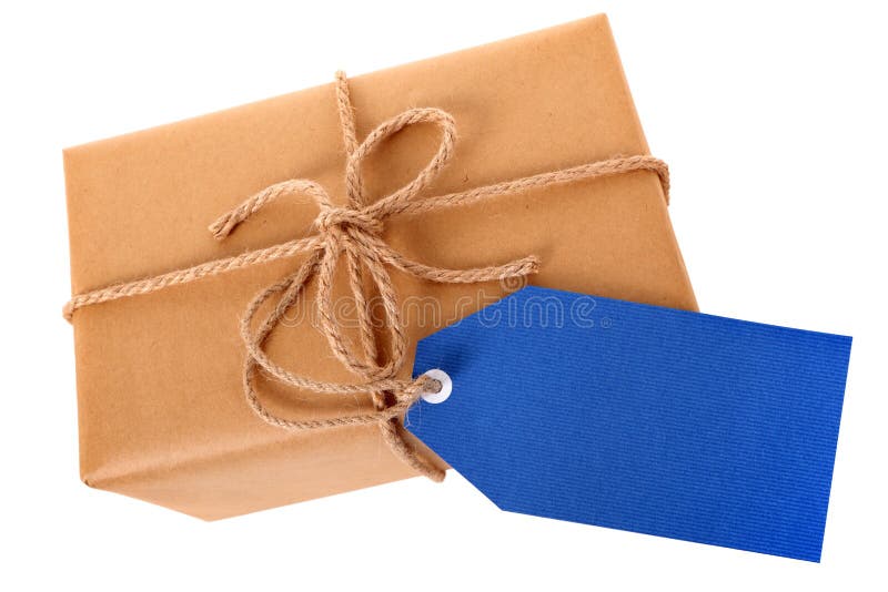 Closeup of Plain Brown Paper Package or Parcel, Blue Gift Tag or Label ...