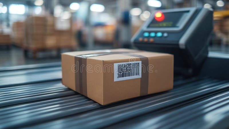 A Package with Shipping Label is Placed on Conveyor Belt in Warehouse ...