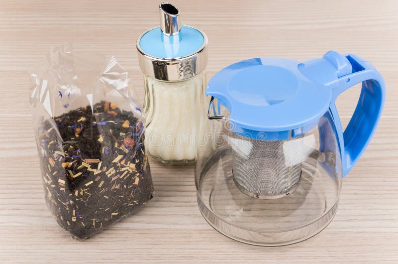 The Package of Tea, Glass Teapot and Sugar Bowl Stock Image - Image of ...