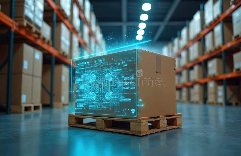 Package in Warehouse Displays Futuristic Holographic Interface for Logistics Tracking. Advanced ...