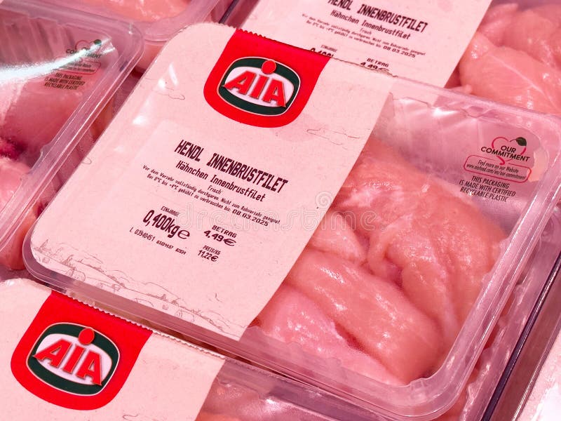 Packaged Chicken Fillet Display with Aia Branding and Label Information ...