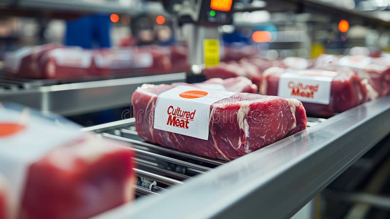Packaged Cultured Meat on Processing Line in Modern Production Facility ...