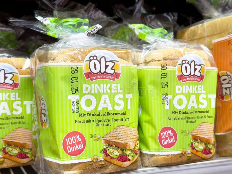 Packaged Dinkel Toast Bread with Spelt Flour on Store Shelf Editorial ...
