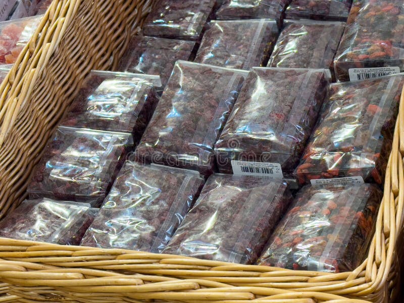Packaged Dried Fruits in Wicker Basket Display Editorial Stock Image ...