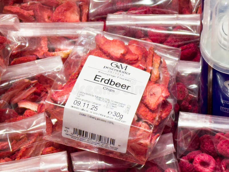 Packaged Dried Strawberry Chips Display in Grocery Store Editorial ...