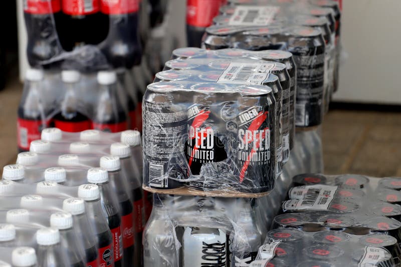 Packaged Energy Drinks and Soft Drinks on Display. Speed ??Unlimited ...