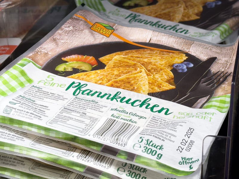 Packaged German Pancakes with Green Checkered Design in Supermarket ...