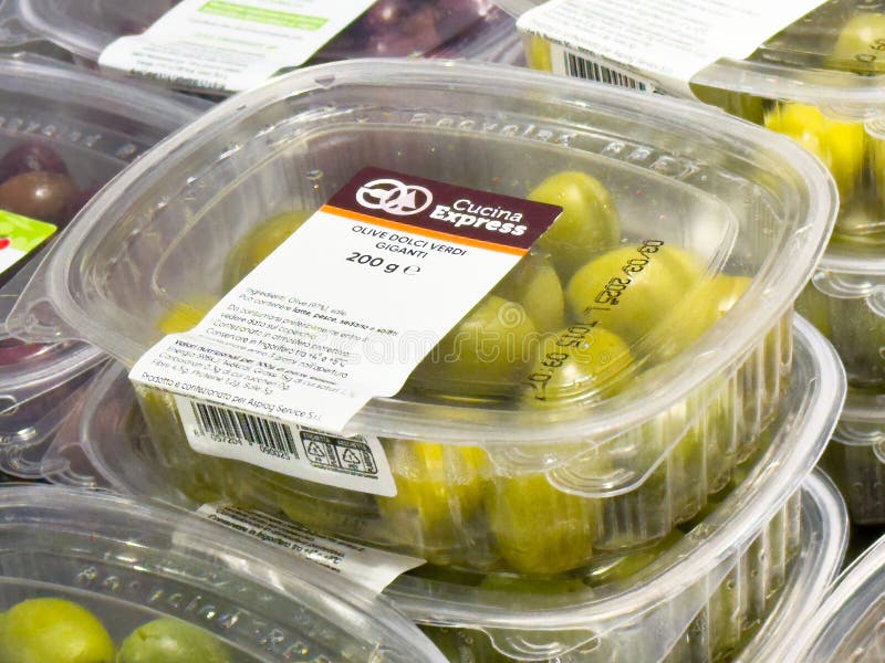 Packaged Green Olives in Clear Plastic Containers at Grocery Store ...