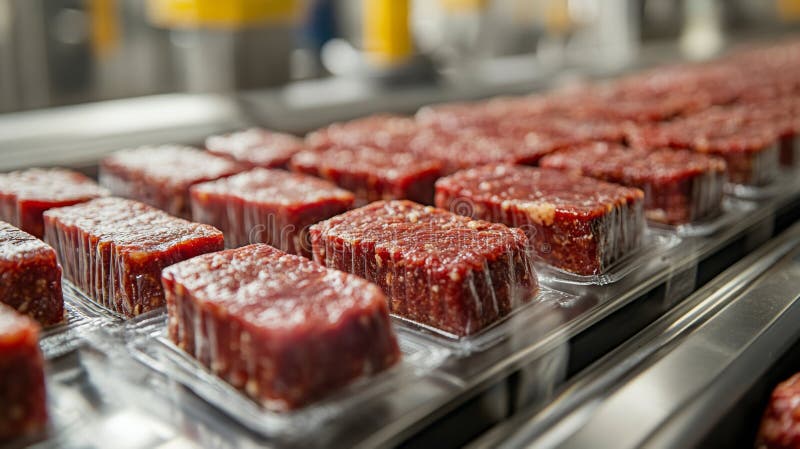 Packaged Ground Beef on Conveyor Belt in Food Processing Facility Stock ...