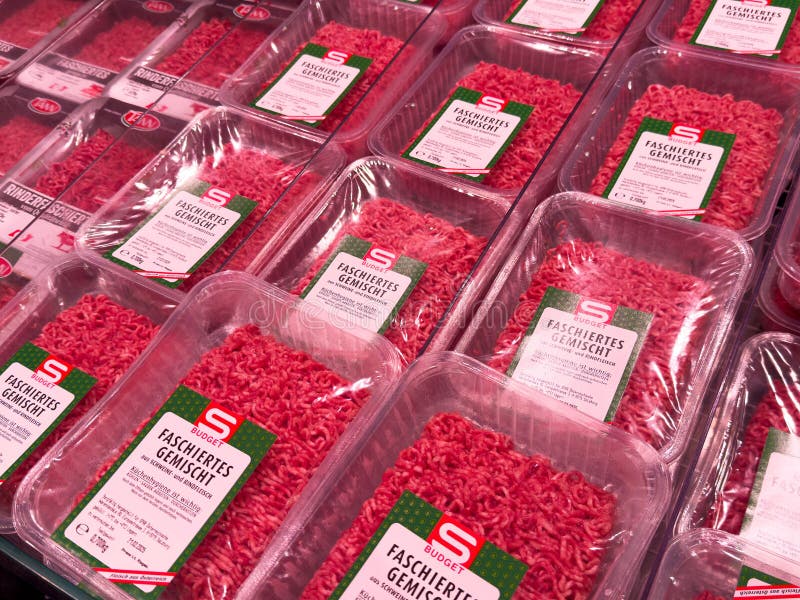 Packaged Ground Meat Variety in Supermarket Display Case Editorial ...