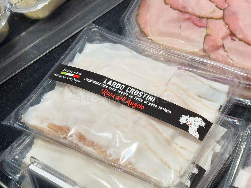 Packaged Italian Lardo Crostini in Deli Display Case Editorial Stock ...
