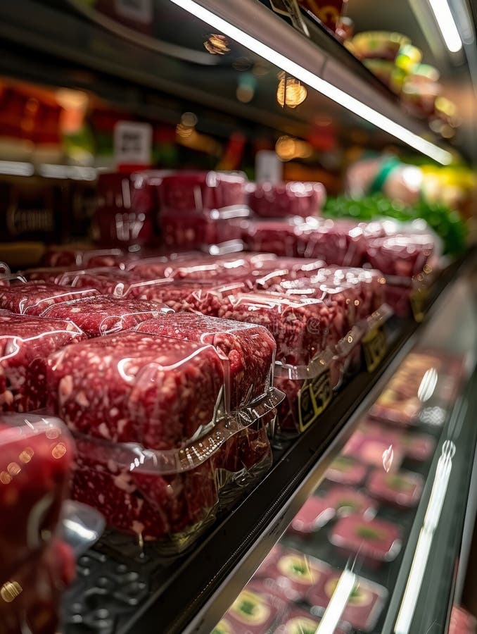 Packaged Meat on Display in a Supermarket Aisle. Stock Image - Image of ...