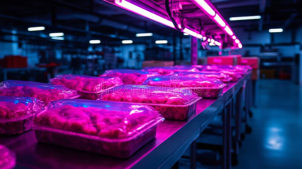 Packaged Meat Under Pink Factory Lights Stock Illustration ...