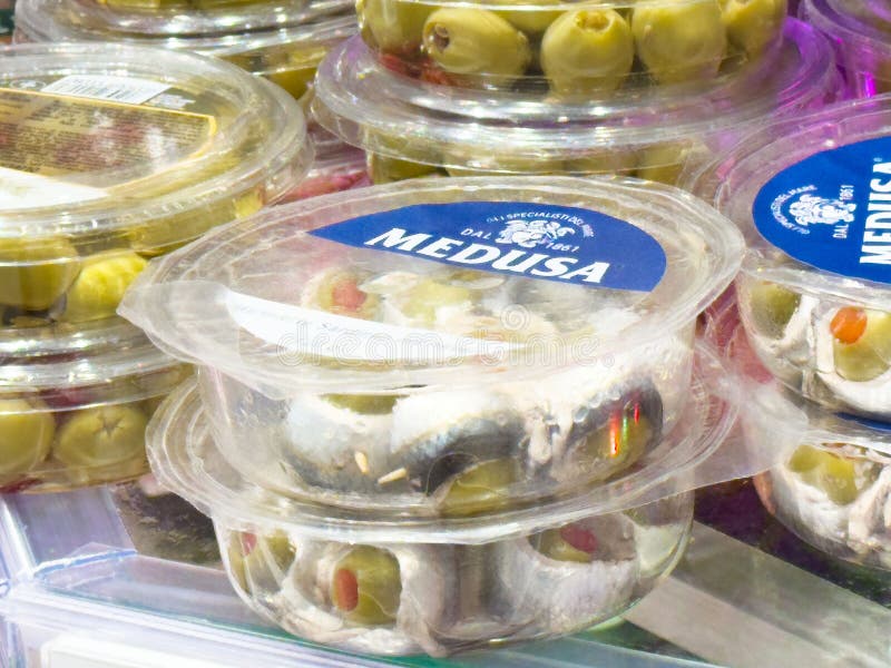 Packaged Mediterranean Food Items in Plastic Containers at a Market ...