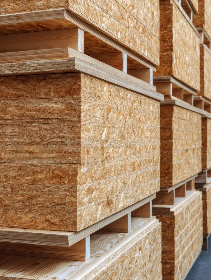 Packaged OSB Panels Stacked Neatly for Export in a Warehouse with Empty ...