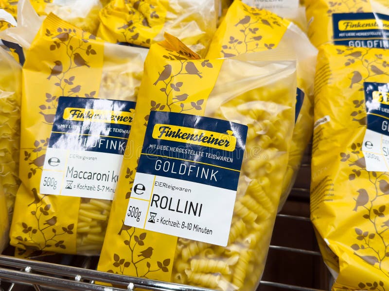 Packaged Pasta Bags on Display in Yellow Packaging with Blue Leaf ...