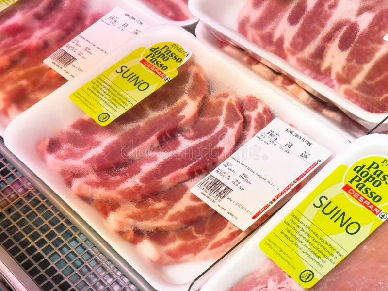 Packaged Pork in Supermarket Display with Italian Labels Editorial ...