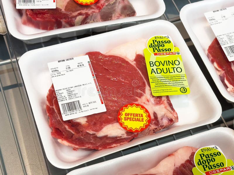 Packaged Raw Beef with Italian Labels in Supermarket Display Editorial ...