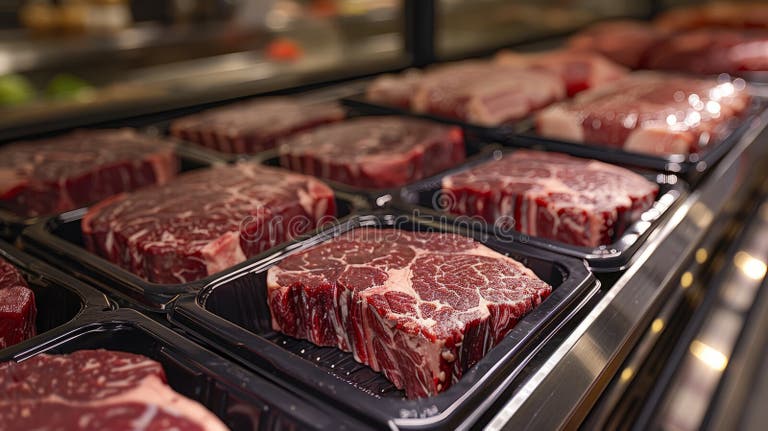 Packaged Raw Beef Steaks on Display Stock Photo - Image of refrigerated ...