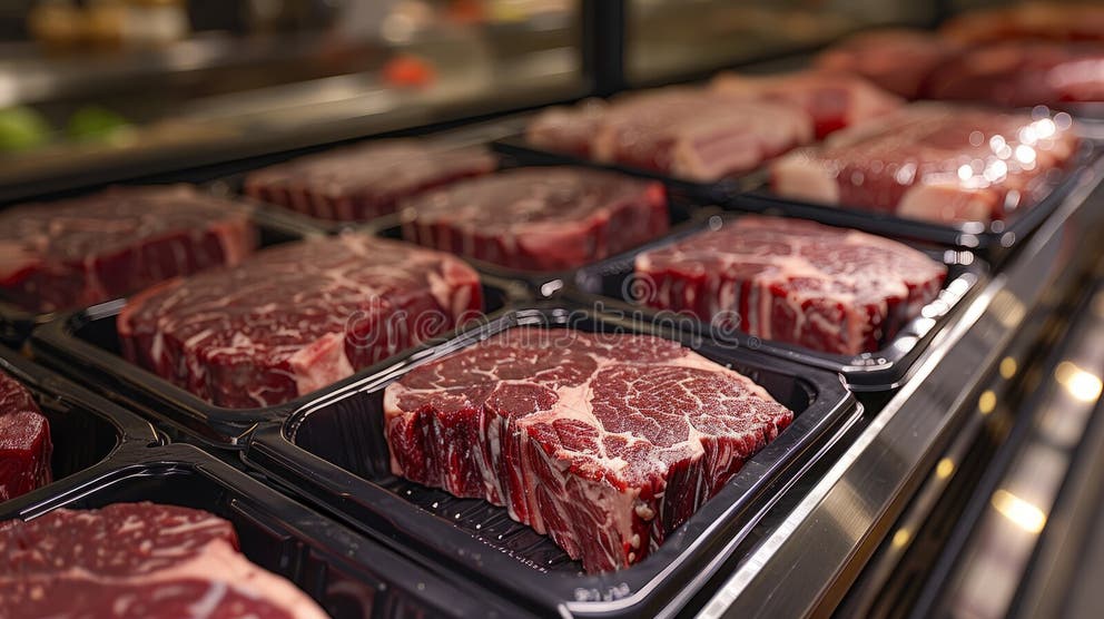 Packaged Raw Beef Steaks on Display Stock Photo - Image of refrigerated ...