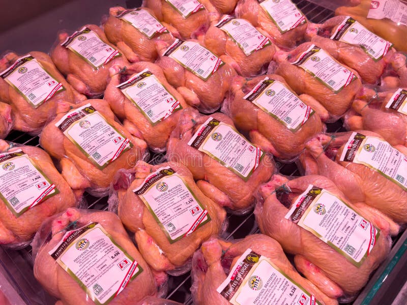 Packaged Raw Whole Chickens on Display in Supermarket Poultry Section ...