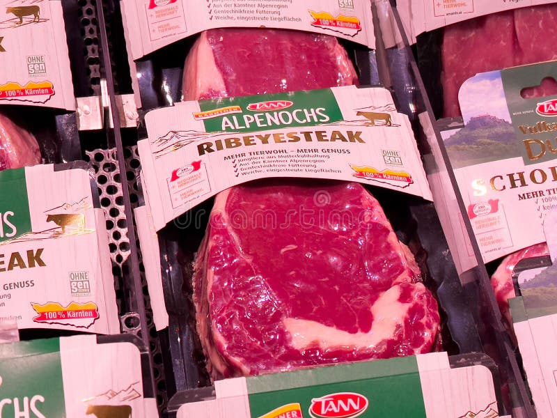 Packaged Ribeye Steaks in Grocery Store Meat Section Display Editorial ...