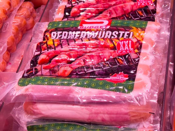 Packaged Sausages on Display in Store Refrigerator Editorial Image ...