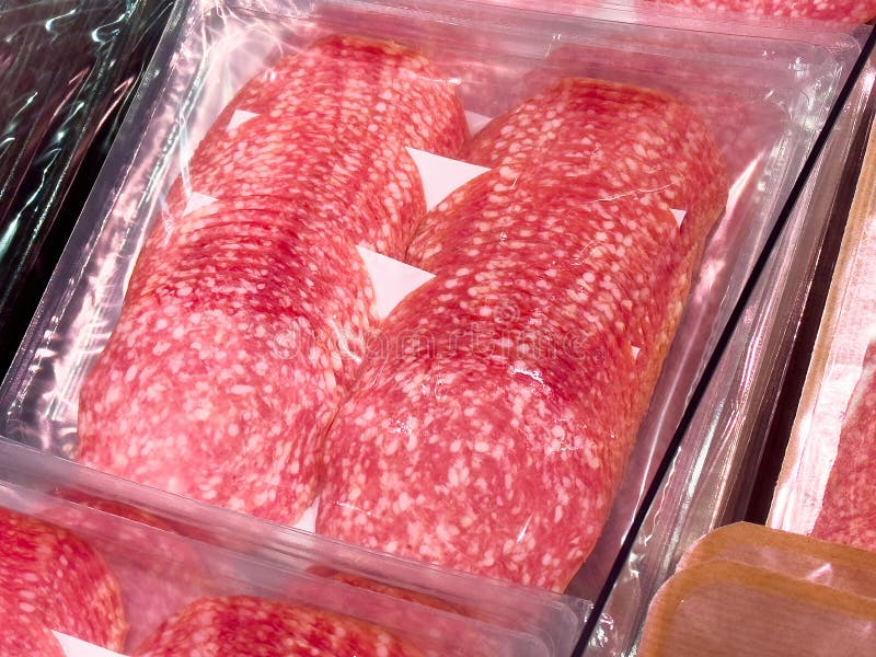 Packaged Sliced Salami in Transparent Plastic Container Displayed in a ...