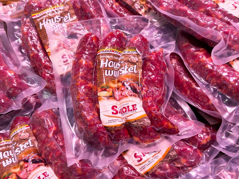 Packaged Smoked Sausage Variety Display in Grocery Store Editorial ...