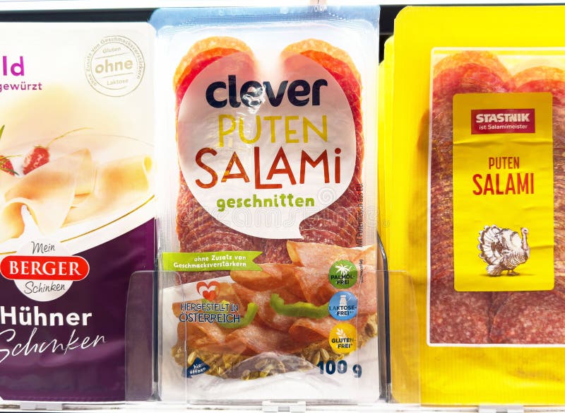 Packaged Turkey Salami and Chicken Slices Displayed in Grocery Store ...