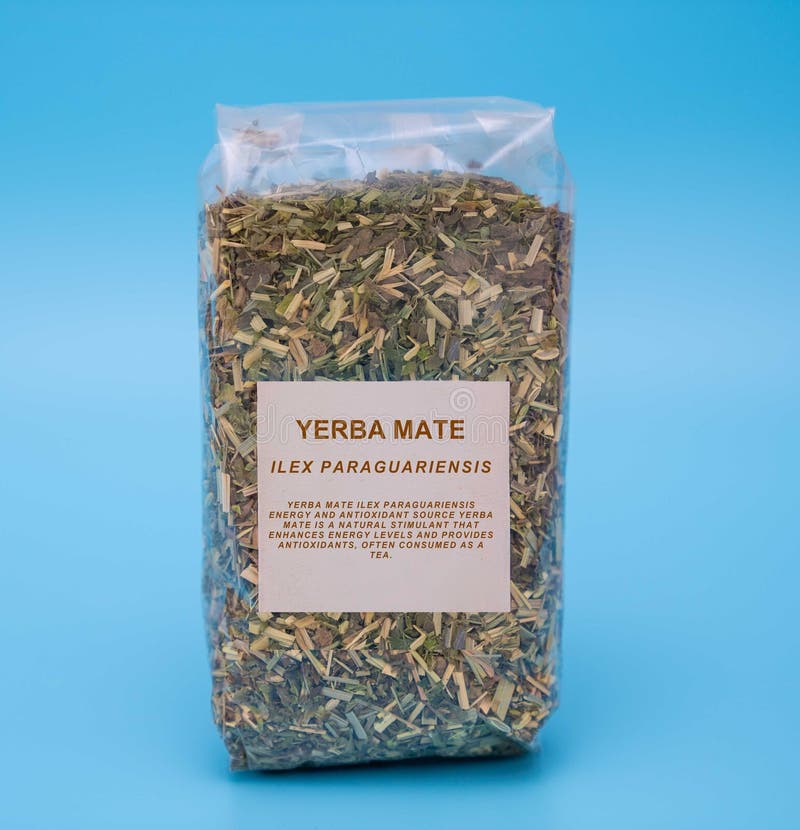 Packaged Yerba Mate Ilex Paraguariensis on Blue Background with Text ...