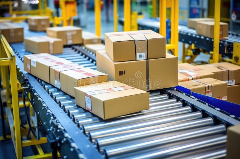 Packages on a Conveyor Belt in Sorting Center Stock Image - Image of ...