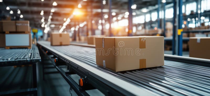 Packages on Conveyor Belt in Warehouse, Boxes Moving through ...