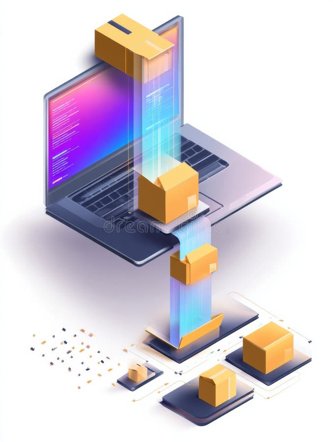 Isometric Laptop with Packages Exiting Screen and Creating Virtual ...