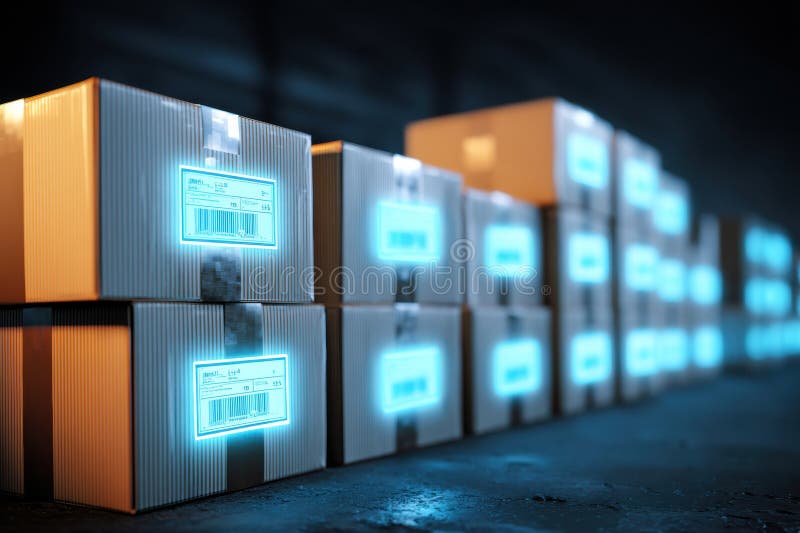 Packages with Glowing Labels Arranged Neatly on a Dark Surface in a ...