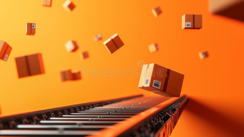 Packages in Motion Above a Vibrant Orange Background at a Bustling ...