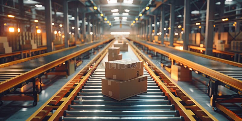 Packages Move Efficiently on a Conveyor Belt System within a Modern ...
