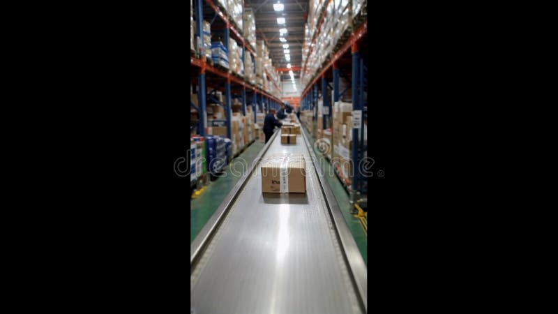 Packages Moving on Conveyor Belt in Large Warehouse Distribution Center ...
