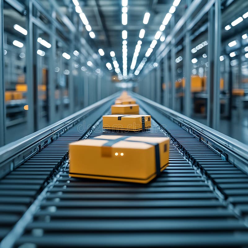 Packages Moving on Conveyor Belt in Modern Distribution Warehouse Stock ...