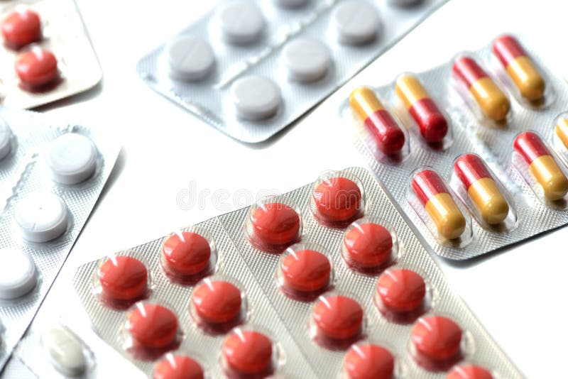 Packages with Pills and Tablets on White Background Stock Image - Image ...