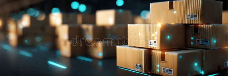 Packages Stacked Meticulously with Glowing Labels in a Dimly Lit ...